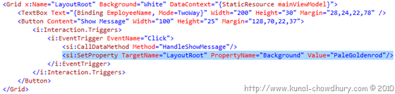 Using EventTrigger in XAML for MVVM – No Code Behind Code